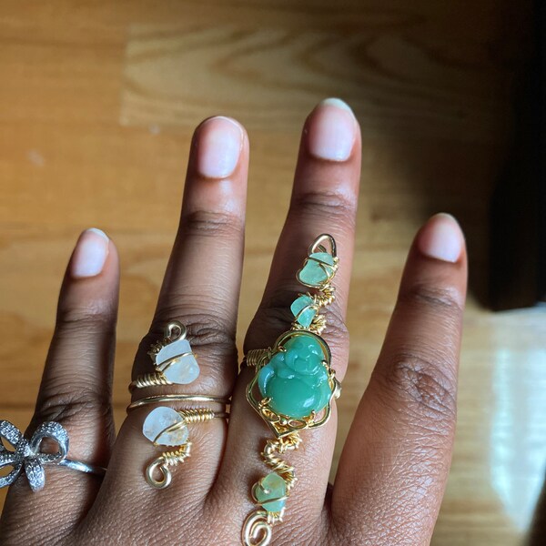 14k Jade Buddha Goddess Art Crystal Freestyle Ring, Full Finger Ring, Long Ring, Large Ring ...