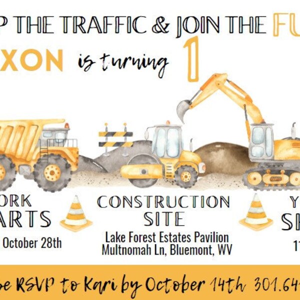 Close the Road Construction Theme Birthday Invitation, Join Our Crew to Celebrate the Birthday ...