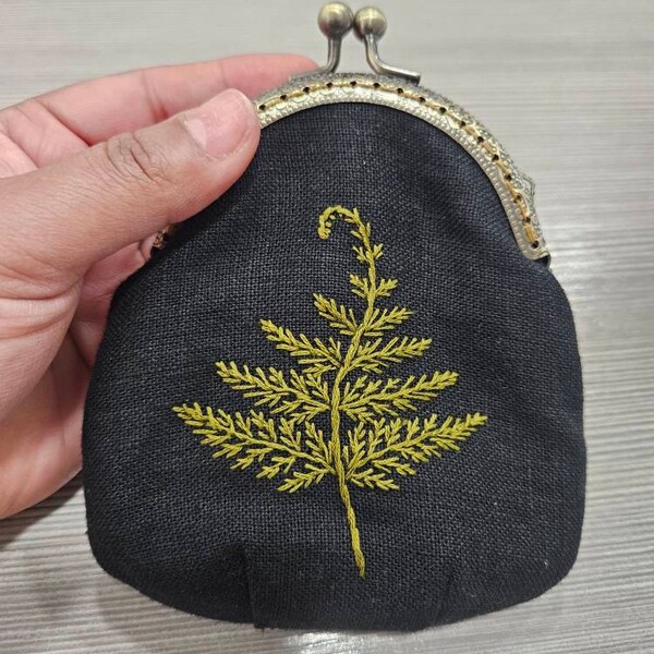 Linen Purse Hand Embroidered, Fern and Forest Motif, Upcykling Vintage ...