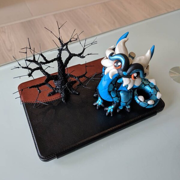 Nico | Polymer Clay Dice Dragon Figurine | Black, Teal, and Pearl White ...