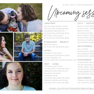 Upcoming Sessions Photography Template, Mini Sessions Calendar Card ...