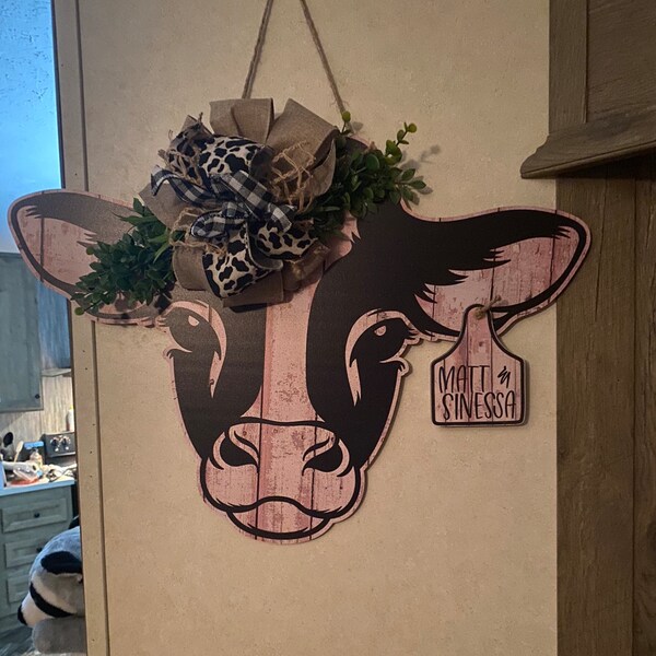 Cow Door Hanger - Cow Print Wreath - Cow Tag Door Hanger - Personalized ...