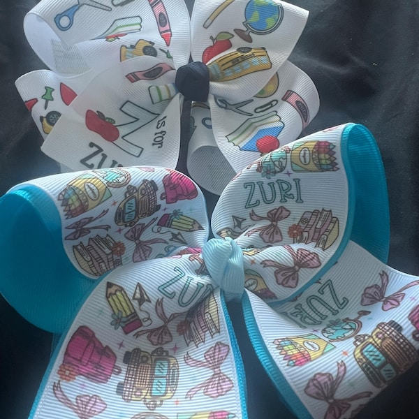 Large Monogrammed Back to School Hair Bow, Apple Bus Pencil Coquette ...