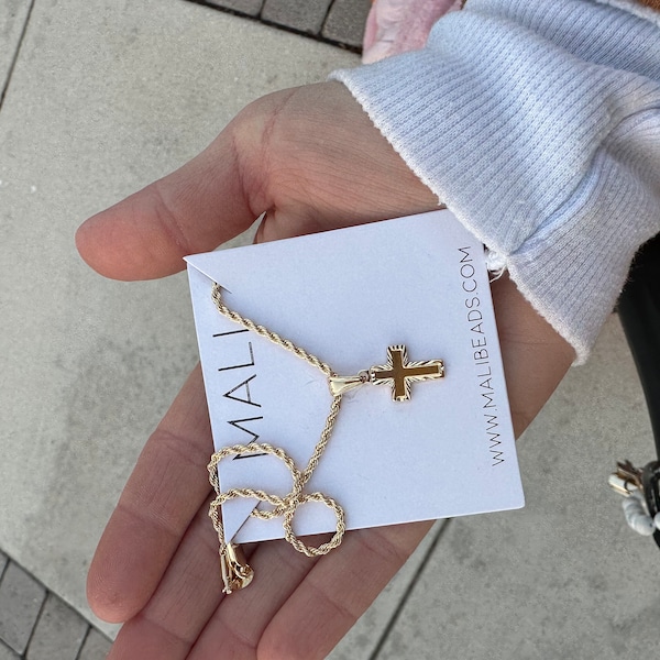 18K Baby Cross Necklace,rope Chain With Cross,kids Gold Cross Necklace ...