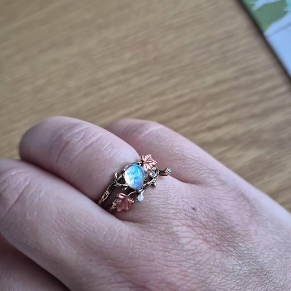 Vintage Tree Branch Maple Leaf Ring for Women Faux Moonstone Statement Ring, Nature-inspired ...