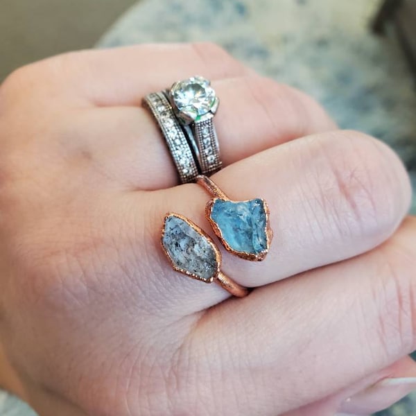 Triple Ruby Ring, Faceted Ruby Ring, Raw Ruby Ring, Ruby Copper Ring, Raw Stone Ring, Ruby Pear ...