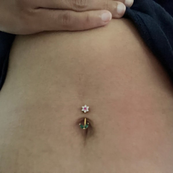 14G Flower Green Leaf Belly Button Ring/belly Piercing/belly Jewelry ...