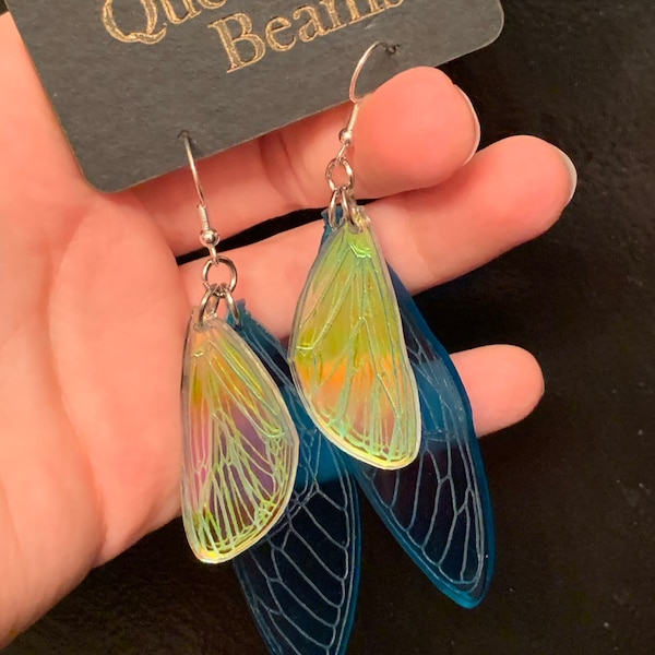 Cicada Wing Dangle Earrings > Clear and Iridescent Laser Engraved ...
