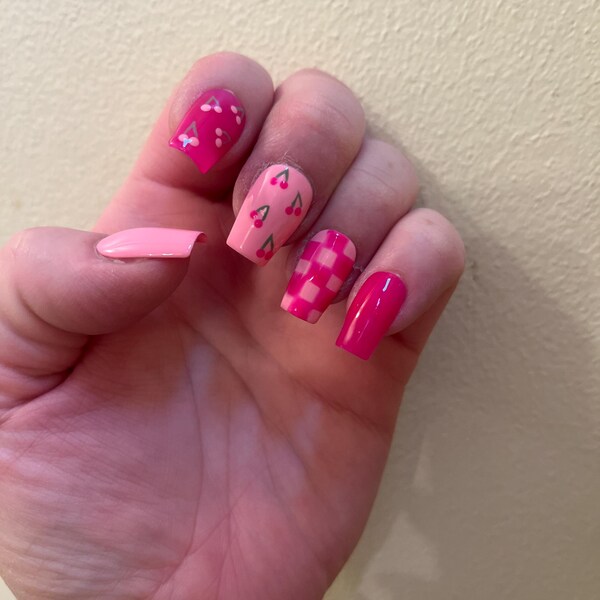Cherry Pink Press Ons | Hand Painted Press on Nails - Etsy