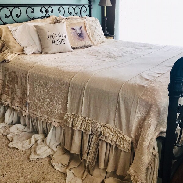 Custom Bed Scarf Bed Runner Long Multi Ruffle Ivory White Linen Cotton ...