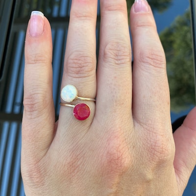 Ruby and Opal Ring, Raw Ruby and Fire Opal, Silver Double Stone Ring ...