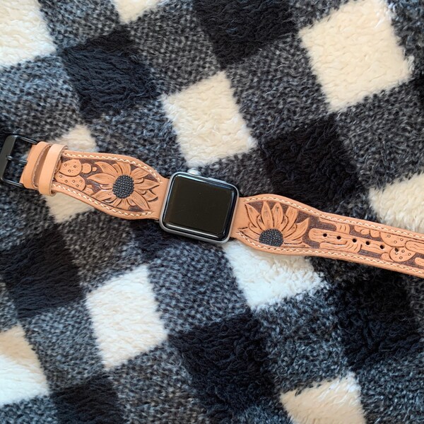 Hand Tooled Leather Apple Watch Strap, Brown - Etsy