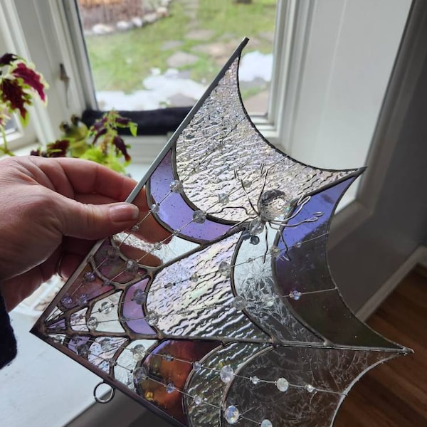Stained Glass Iridescent Spider Web With Spider, Holiday Decor ...