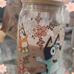 Bluey and Friends Iced Coffee Cup 16oz Glass Soda Can Cup W/ Bamboo Top ...