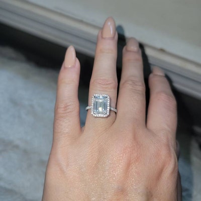 2 CT Asscher Cut Moissanite Engagement Ring, Three Stone Bezel Set Wedding Bridal Ring, Asscher ...