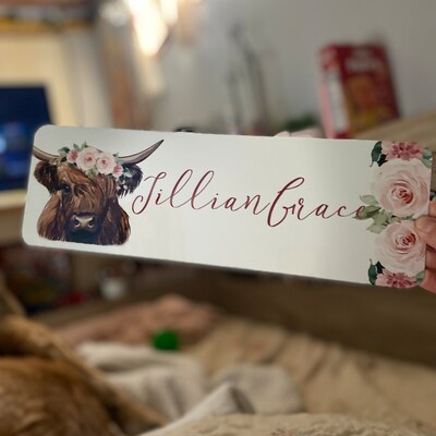 Personalized Highland Cow Name Sign, Highland Cow Aluminum Door Sign ...
