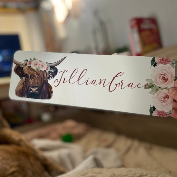 Personalized Highland Cow Name Sign, Highland Cow Aluminum Door Sign ...
