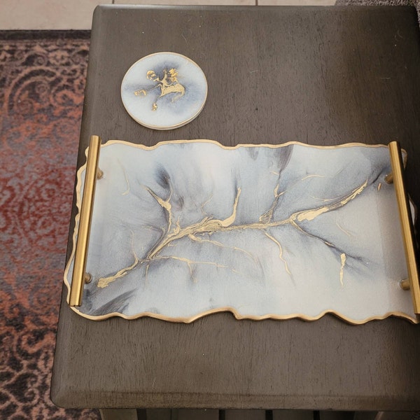 Resin Tray, Tray With Handles, Grey Marble Resin Tray, Marble and Gold ...