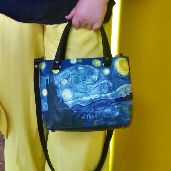 Leather Bag Van Gogh, Hand Painted Leather Bag, Applique Leather Purse ...