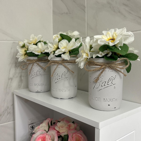 Chalk Painted Distressed Mason Jar Vases W/faux Fall Flowers Included ...