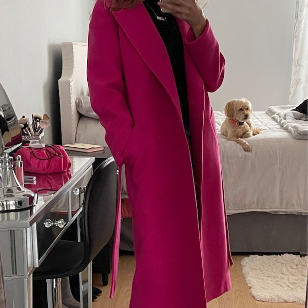 Hot Pink Wool Wrap Coat, Wool Wrap Coat, Womens Wool Coat With Belt ...