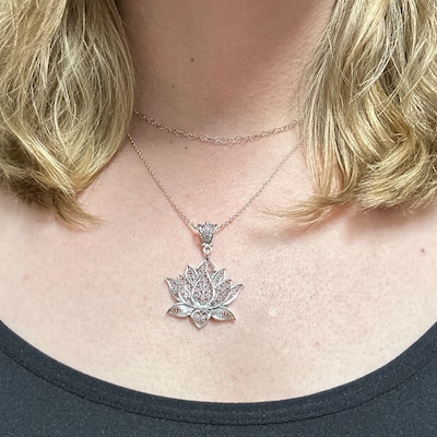Sterling Silver Lotus Floral Women Pendant Necklace, 925 Silver Artisan ...
