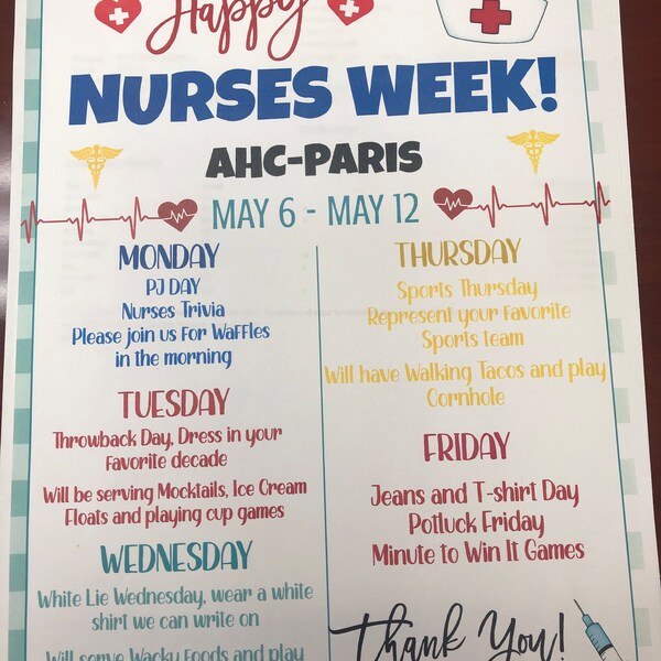 Printable/editable Happy Nurses Week Nurse Appreciation Week Itinerary ...