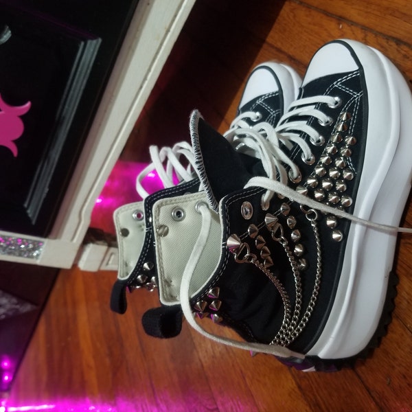 Genuine CONVERSE Run Star Hike Black With Skulls & Chains Sneakers ...