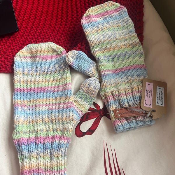 Hand Knitted Hand Made Ombre Mittens Childrens and Adults Age 4-6, 7-9 ...