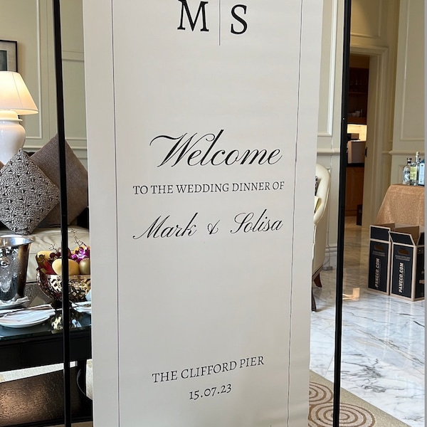 Black Curtain Wedding Welcome Sign With Stand, Curtain Print Welcome ...