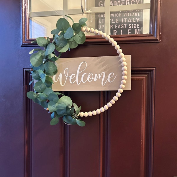 Double Wood Welcome Front Door Wreath/ Wood Bead Modern Wreath/beaded ...