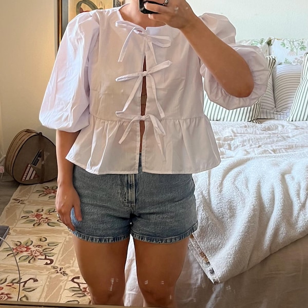 Tie Front Top - GANNI Dupe - Puff Sleeve - Made to Order - Etsy