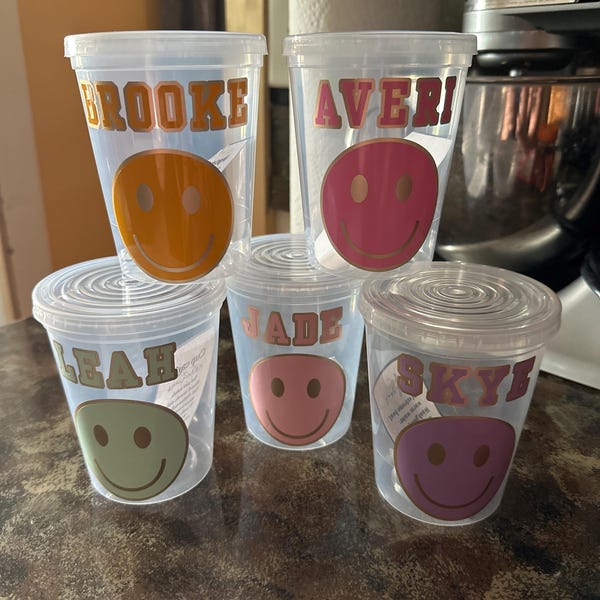 Personalized Smiley Face Cup, Retro Party Favor With Lid & Straw - Etsy