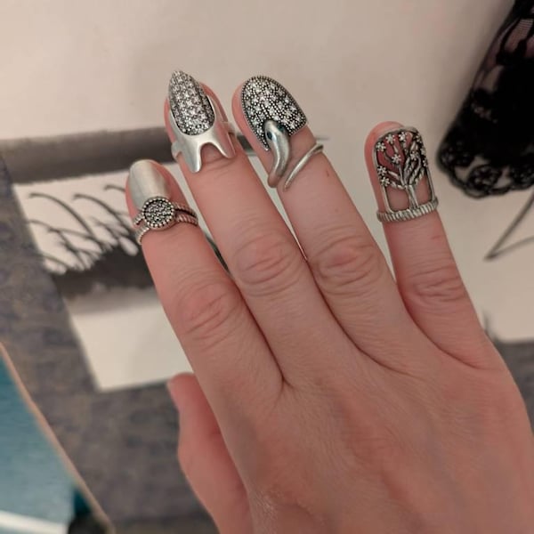 Boho Women Nail Ring Set: Silver Plated Adjustable Zircon Stone Unique ...