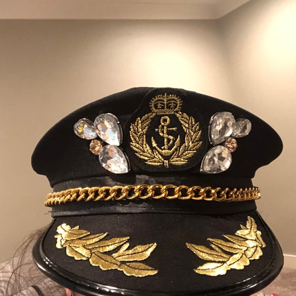 Goth Love Military Peaked Black Captain Hat With Gorgeous Jeweled Pink ...