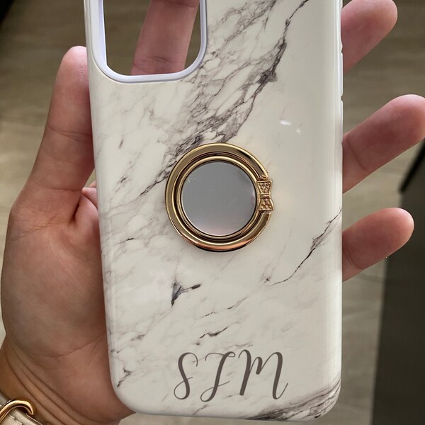 Gray and White Marble Case With Gold Ring Grip for iPhone and Samsung ...