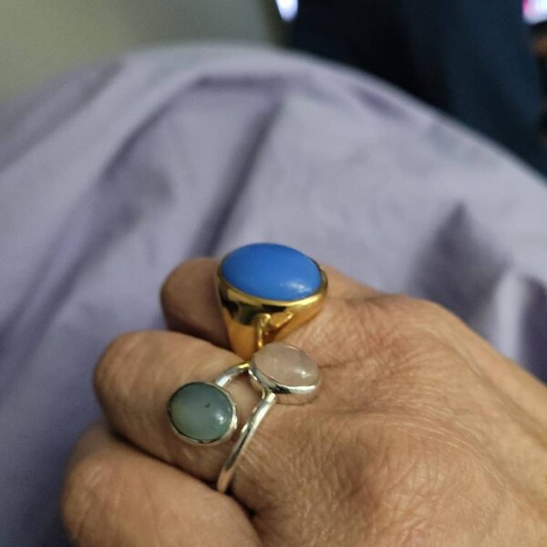 Chalcedony Onyx Ring, Natural Genuine Chalcedony Onyx Ring, Two Stone Ring, Blue and Silver ...