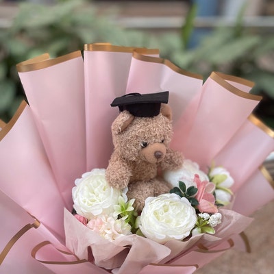 Personalised Graduation Teddy Flower Bouquet, Forever Keepsake, Artificial Flowers ...