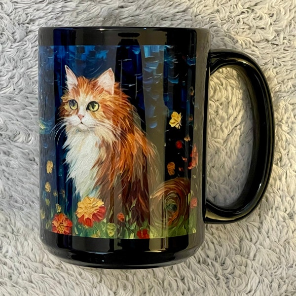 Peacock Black Mug 15oz Coffee Van Gogh Inspired Coffee Mug Flowers Bird ...