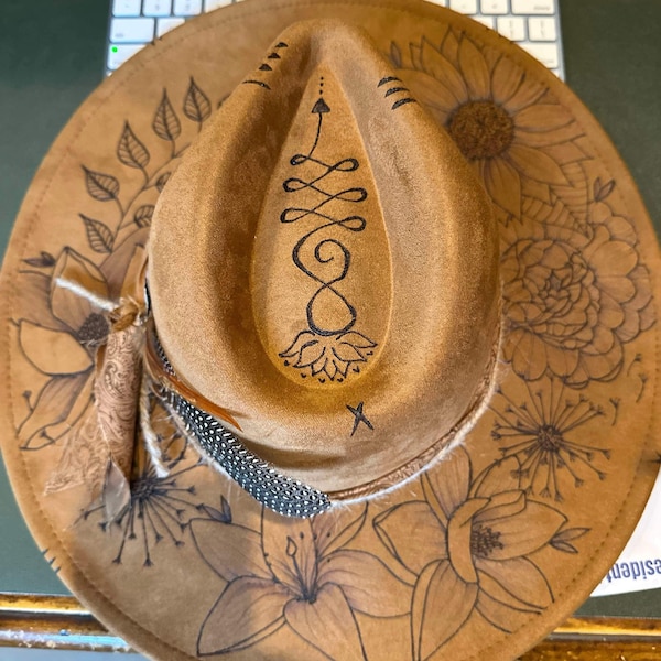 CUSTOM HAND BURNED Wide Brim Hat Bride Branded Hat Flowers and Leaves Burned Hat Western Hat - Etsy