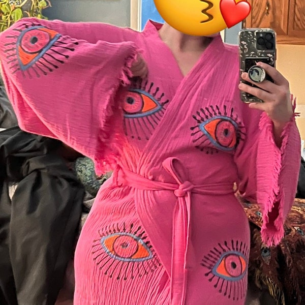 Organic Cotton Boho Robe, Pink Kimono Summer Wrap, Loungewear Evil Eye ...