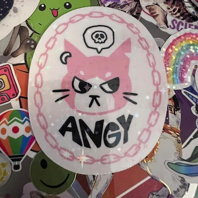 Angry Emo Cat Sticker Holographic Cat Sticker, Waterproof, Cute Cat ...