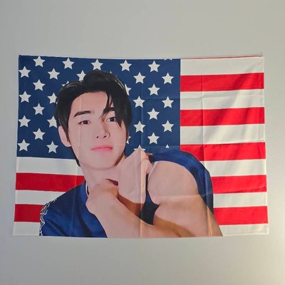 Ateez Mingi Cute Pose Flag Banner, Mingi American Tapestry, Mingi Merch ...