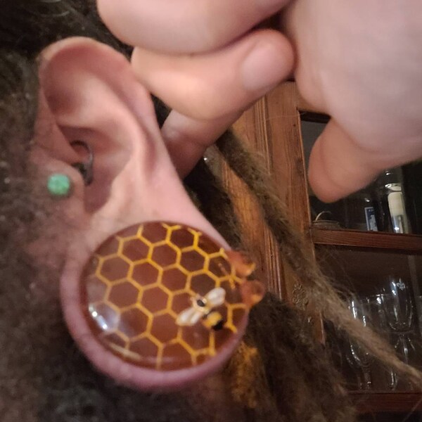 Honey Bee Plugs 19mm-25mm With Bee's Honeycombs, Dripping Honey, Pair ...