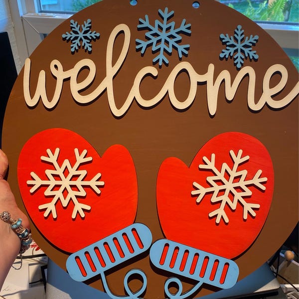 Welcome Snowflake Mittens Sign, Digital Download, Round Door Hanger Svg ...