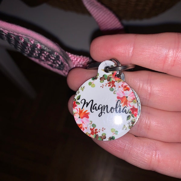 Pink Floral Pet Tag, Personalized Pet ID Tag, Cat ID Tag, Dog Name Tag ...