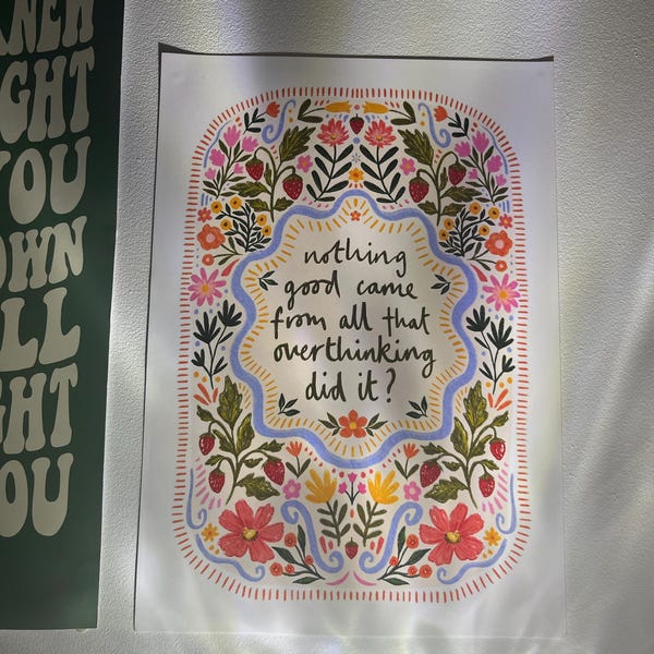 Overthinking Floral Strawberry Quote Print, Bohemian Wild Flower Wall ...