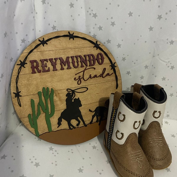 Western Cowboy Roping Calf Name Sign, Personalized Nursery Round Sign ...