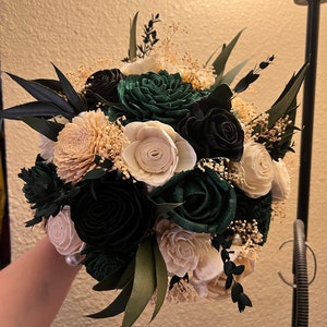 Hunter Green Glam Wedding Bouquet, Emerald and Gold Wood Bouquet ...