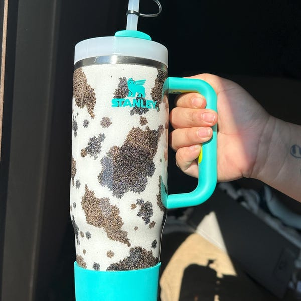 Custom Cow Hide - Authentic Stanley Tumbler - Epoxy Glitter Brown Cow ...